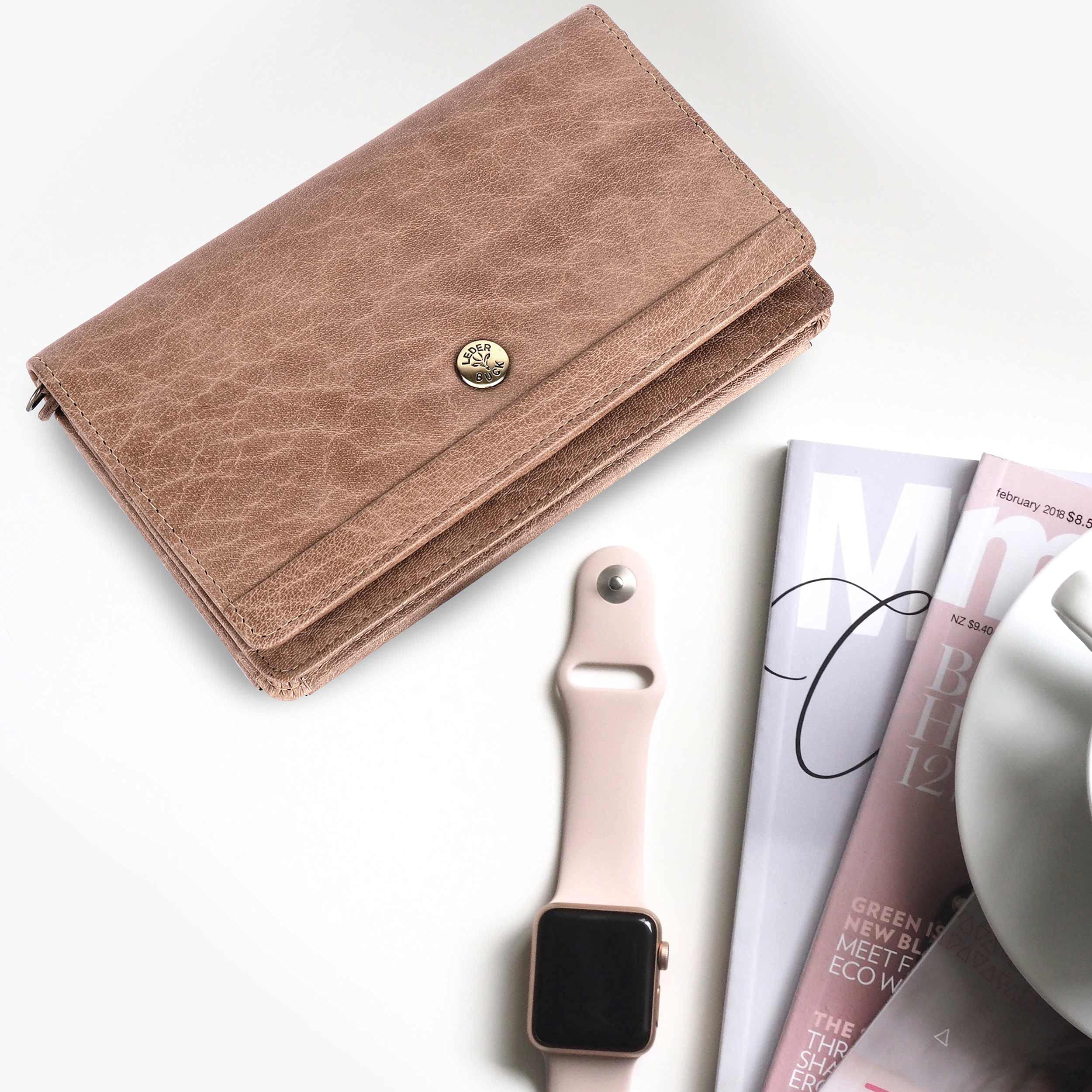 LEDERBUCK Real Leather Smartphone Crossbody Handbag Wristlet Purse Clutch for Women (Nougat)
