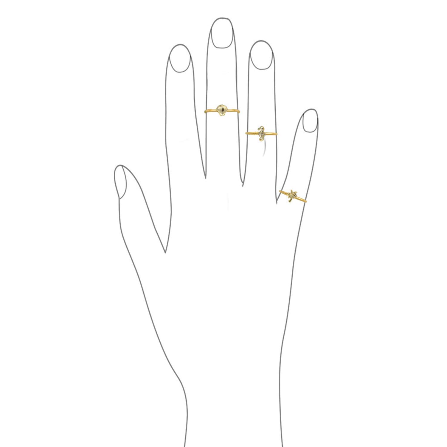 Bling Jewelry Tiny Nautical Shell Seahorse Palm Tree 14K Gold Plated Sterling Silver Midi Knuckle Stackable Ring Set For Women 1MM Band