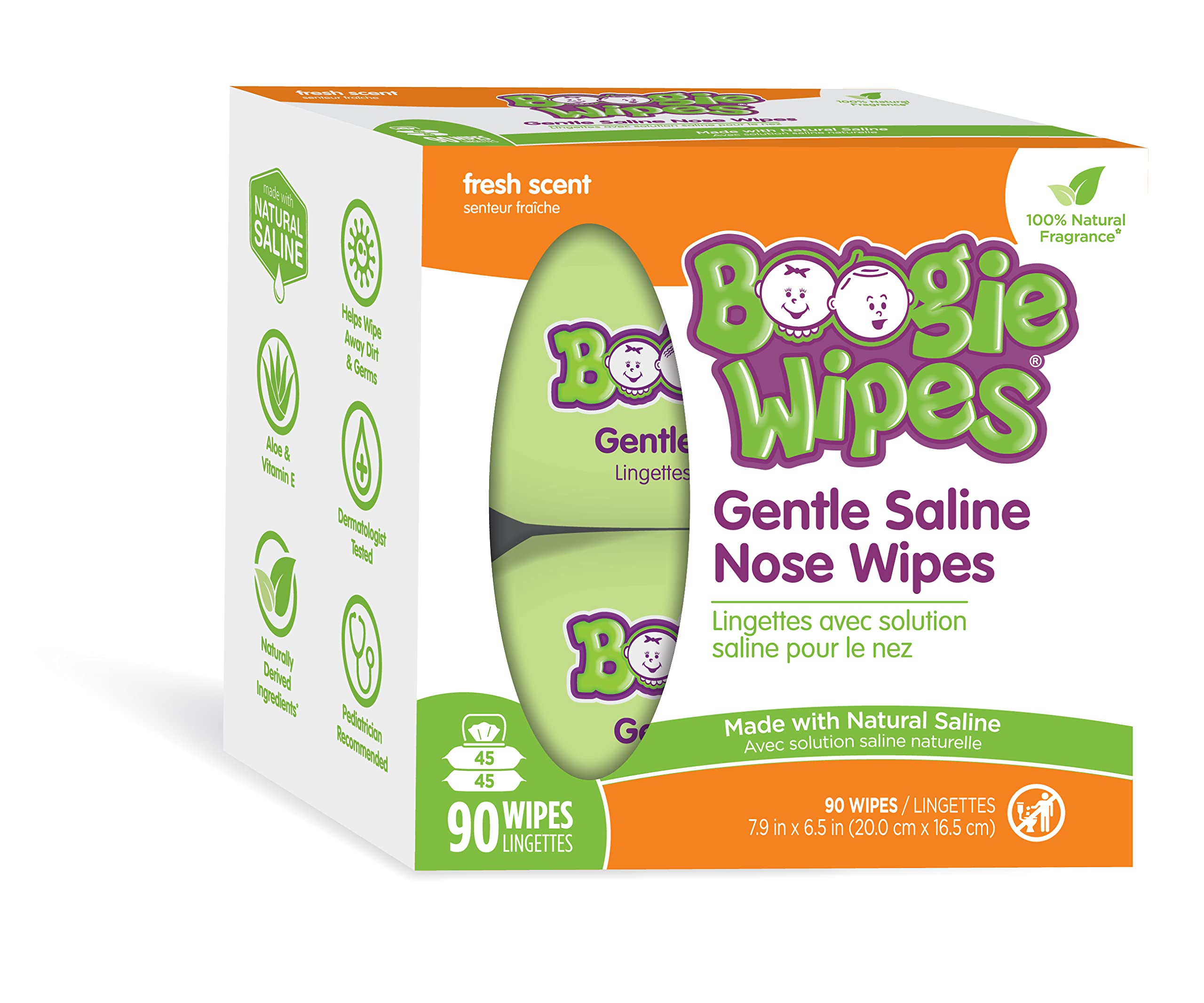 Saline Nose Wipes by Boogie, for Baby & Kids, Face, Hand & Body, FSA/HSA Eligible, Made with Vitamin E, Aloe, and Natural Saline, Fresh Scent, 45 Count (Pack of 2)