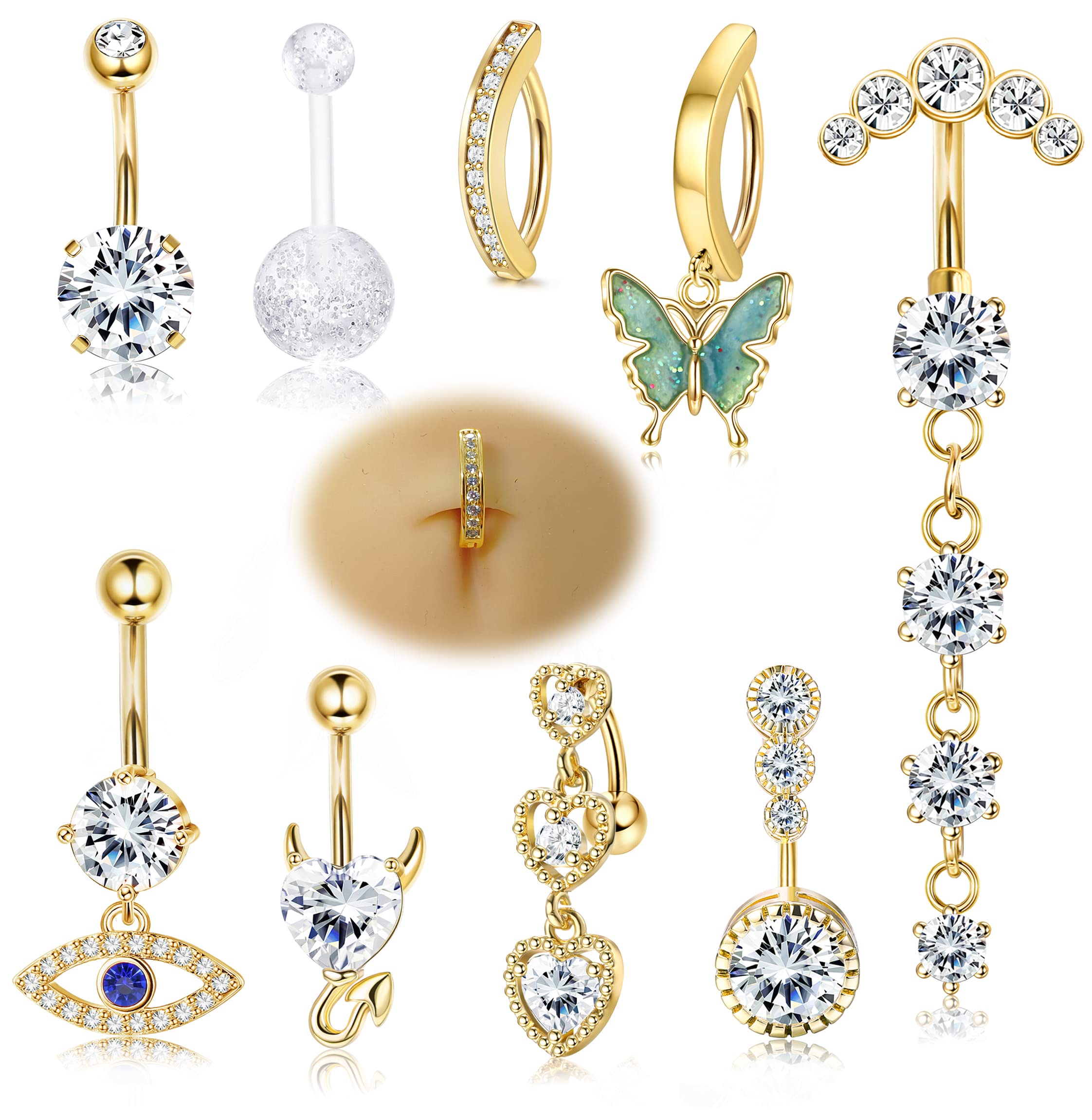 Besteel 14G Belly Button Rings Dangle Cute Gold Plated Snake Evil Eye Heart Clear CZ Butterfly Belly Button Rings for Women Belly Piercing Pack, Gold-tone