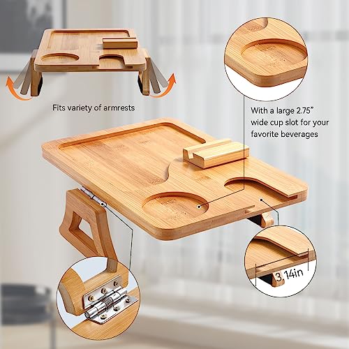 Bamboo Couch Tray,Sofa Arm Clip Table,Sofa Tables,Portable Table with 360°Rotating Phone Bracket and Couch Cup Holder,Sofa Arm Tray,Couch Table for Drinks,Snacks and Remote,Couch Arm Table,TV Tray