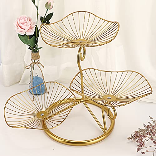 OwnMy 3-Tier Fruit Basket Stand Decorative Iron Fruit Bowl, Metal Wire Fruit Holder Storage Trays Table Countertop Holder for Vegetables Bread Snack, Modern Fruit Bowls for Kitchen Home Use (Gold)