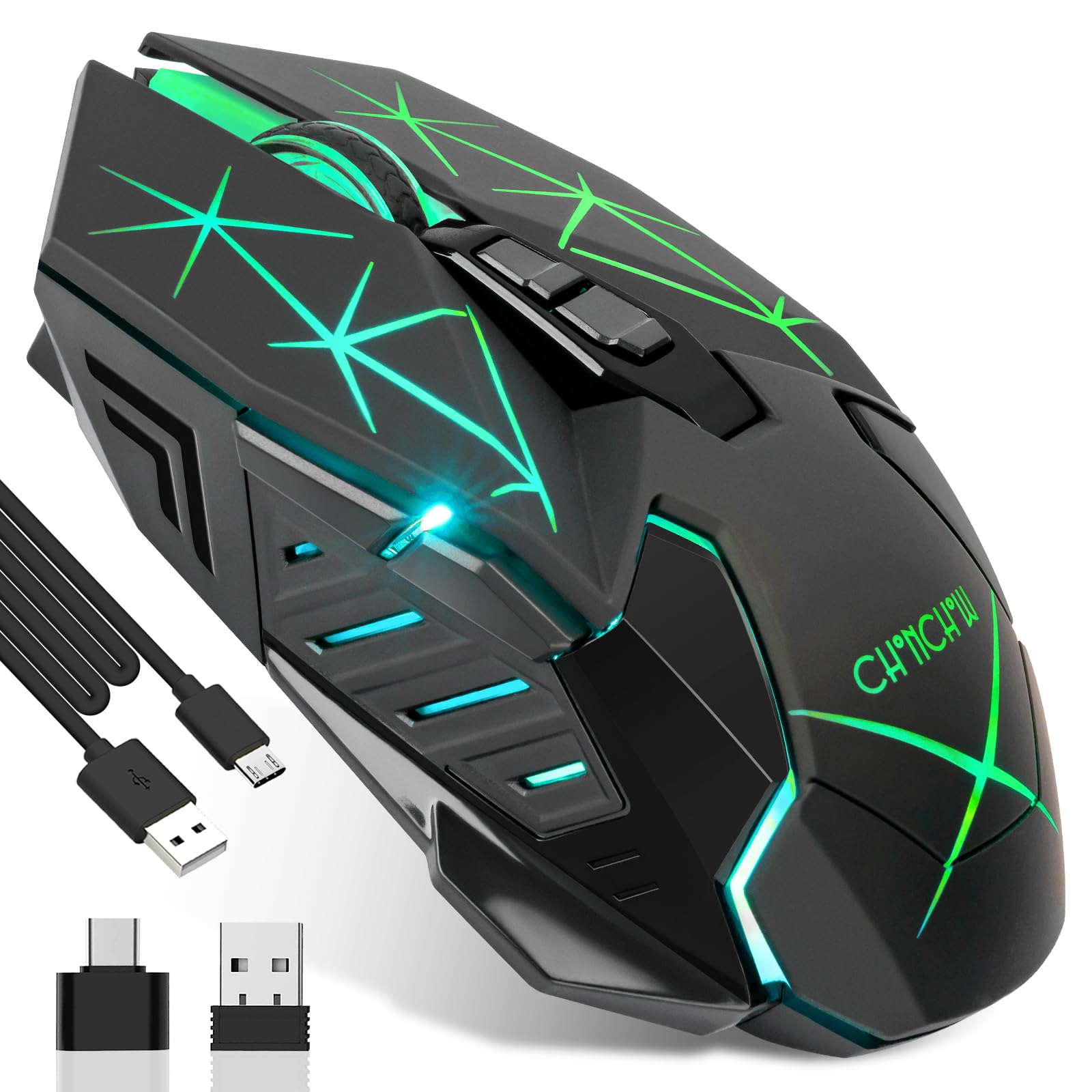 CHONCHOW Rechargeable Wireless Gaming Mouse, Colorful LED Lights, 7 Buttons, USB C, Up to 3200 DPI, 2.4Ghz Cordless Computer Gamer Mice with Side Buttons for PC Laptop Mac Chromebook Windows, Black