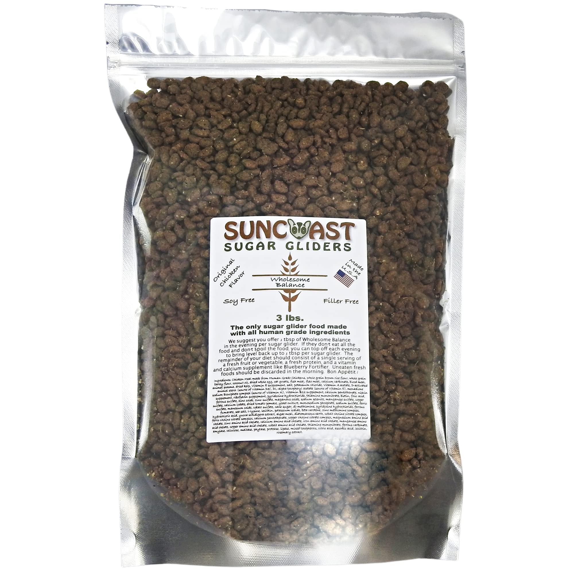 Suncoast Sugar Gliders Wholesome Balance Real Chicken Sugar Glider Food | High Protein NO Filler NO Soy | Small Animal Food Kibbles and Bits | Sugar Glider Dry Food 3 LB (Chicken & Brown Rice)
