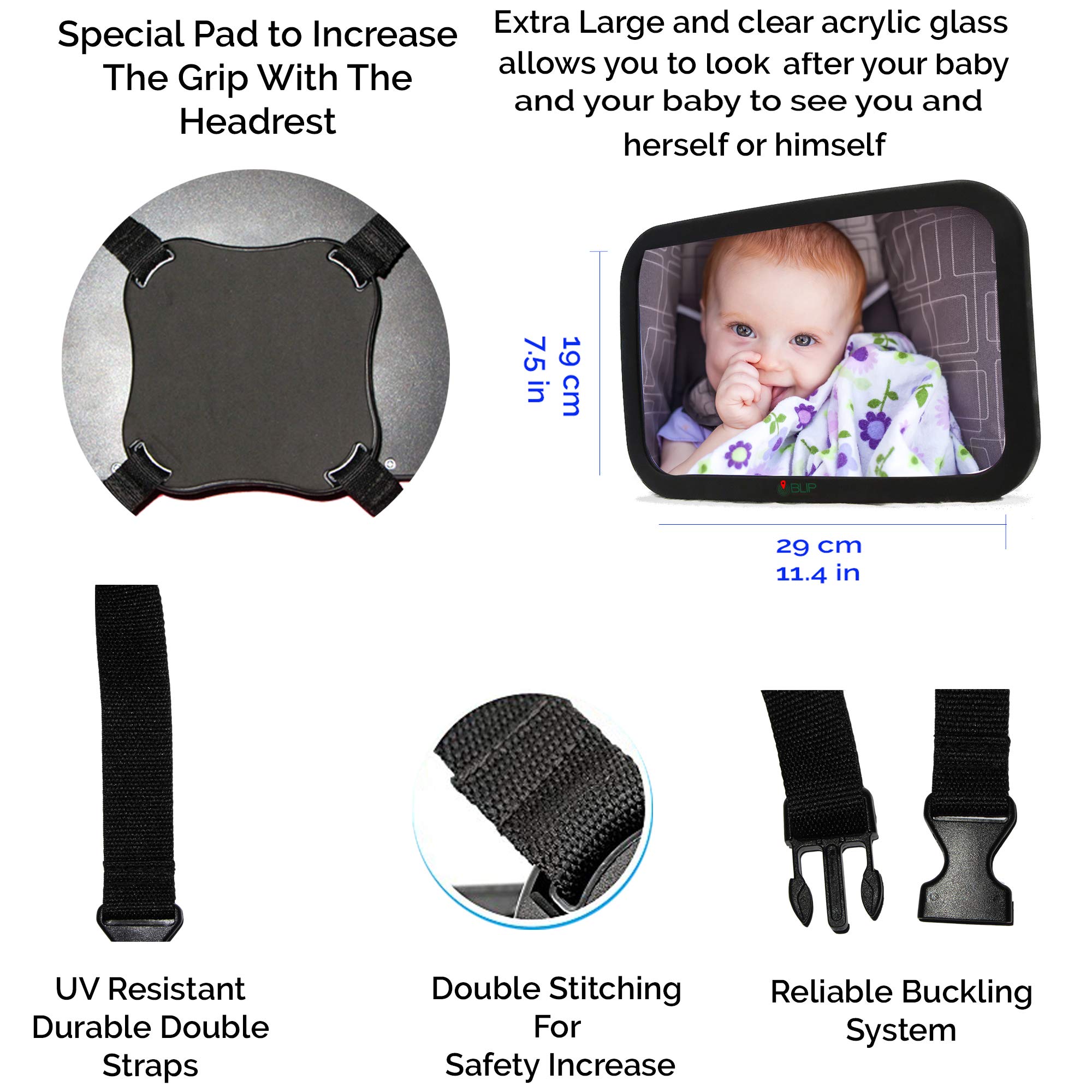 BLIP Baby Car Mirror for Rear Facing Back Seat, X-Large, Clear Shatterproof Acrylic with 360° Multi-Directional Tilting and Viewing, Infant Safe Adjustable Headrest Straps