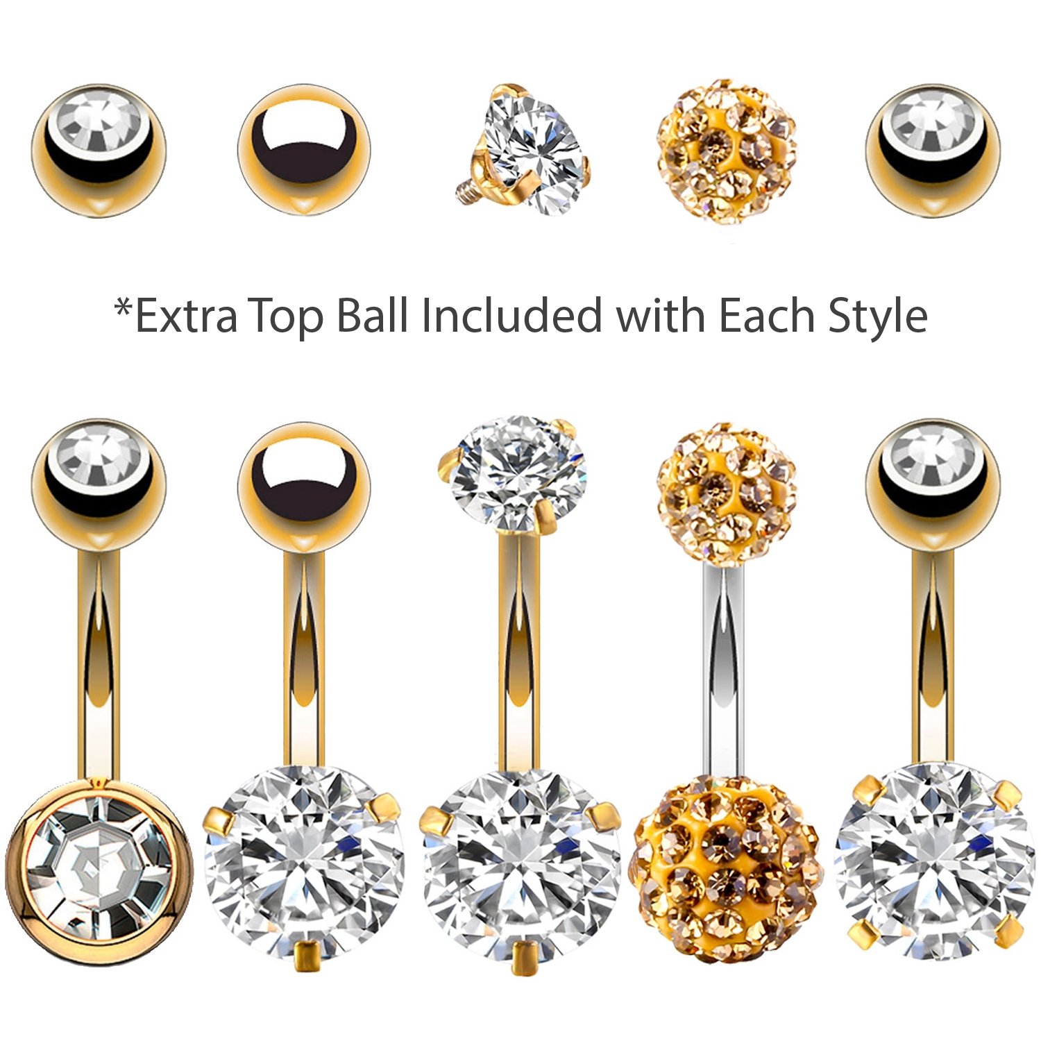 BodyJ4You 5PC Belly Button Rings Set - 14G - Goldtone Surgical Stainless Steel - Shiny CZ Crystals - Clear Disco Ball - Replacement Extra Pack - Women Body Piercing Jewelry