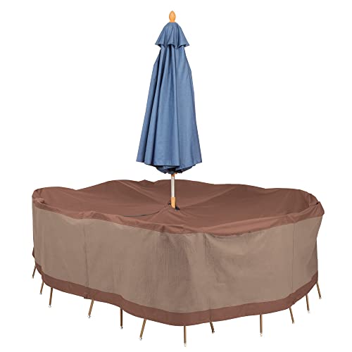 Duck Covers Ultimate Waterproof 108 Inch Rectangular/Oval Patio Table & Chair Set Cover with Umbrella Hole, Outdoor Table Cover