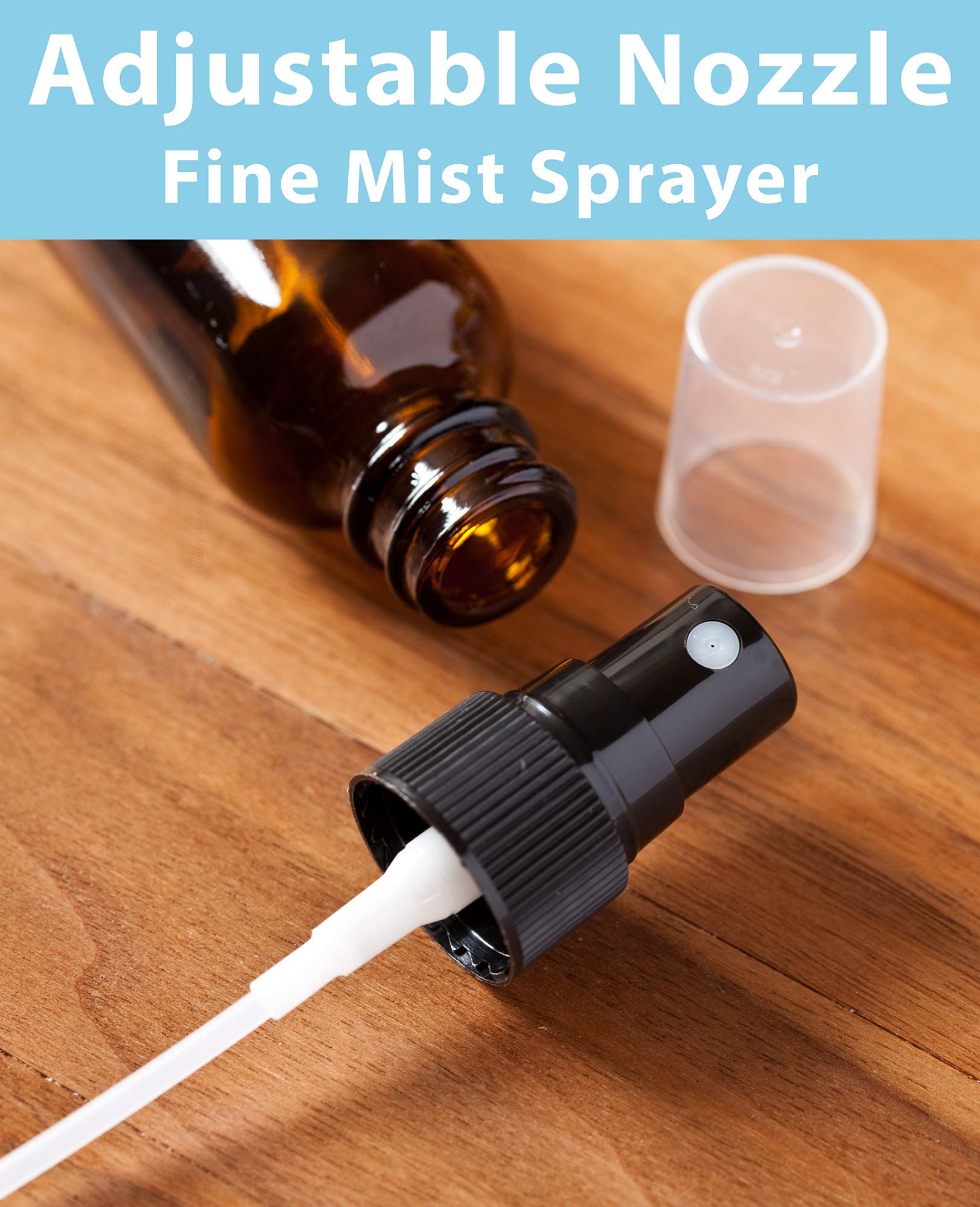 JUVITUS 1 oz Amber Glass Boston Round Bottle with Black Fine Mist Sprayer (12 pack) + Funnel