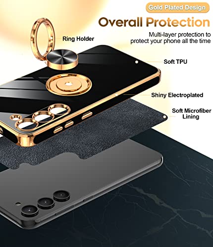 LeYi for Samsung Galaxy S23 Case 360° Rotatable Ring Holder Magnetic Kickstand, Plating Rose Gold Edge Protective Case, Black