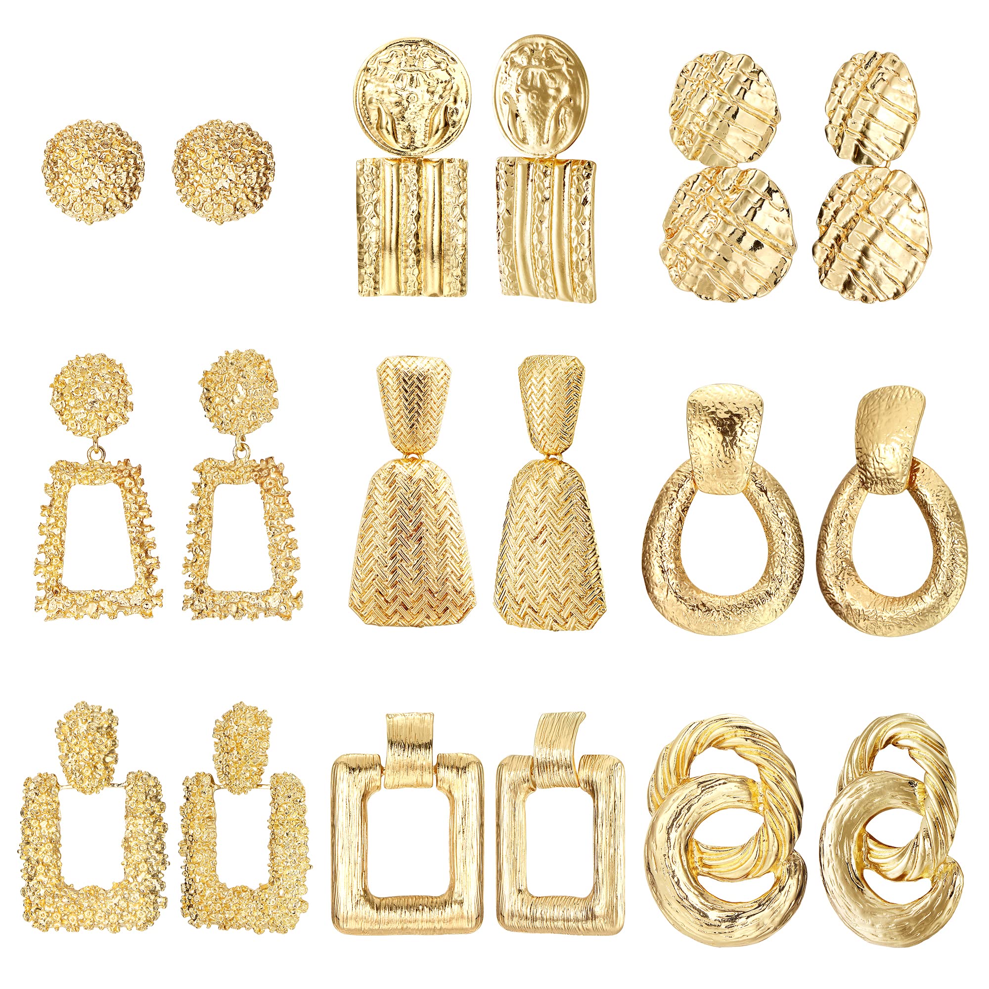 BESTEEL 9 Pairs Gold Statement Drop Earrings for Women Geometric Dangle Earrings Large Metal Rectangle Earrings Set