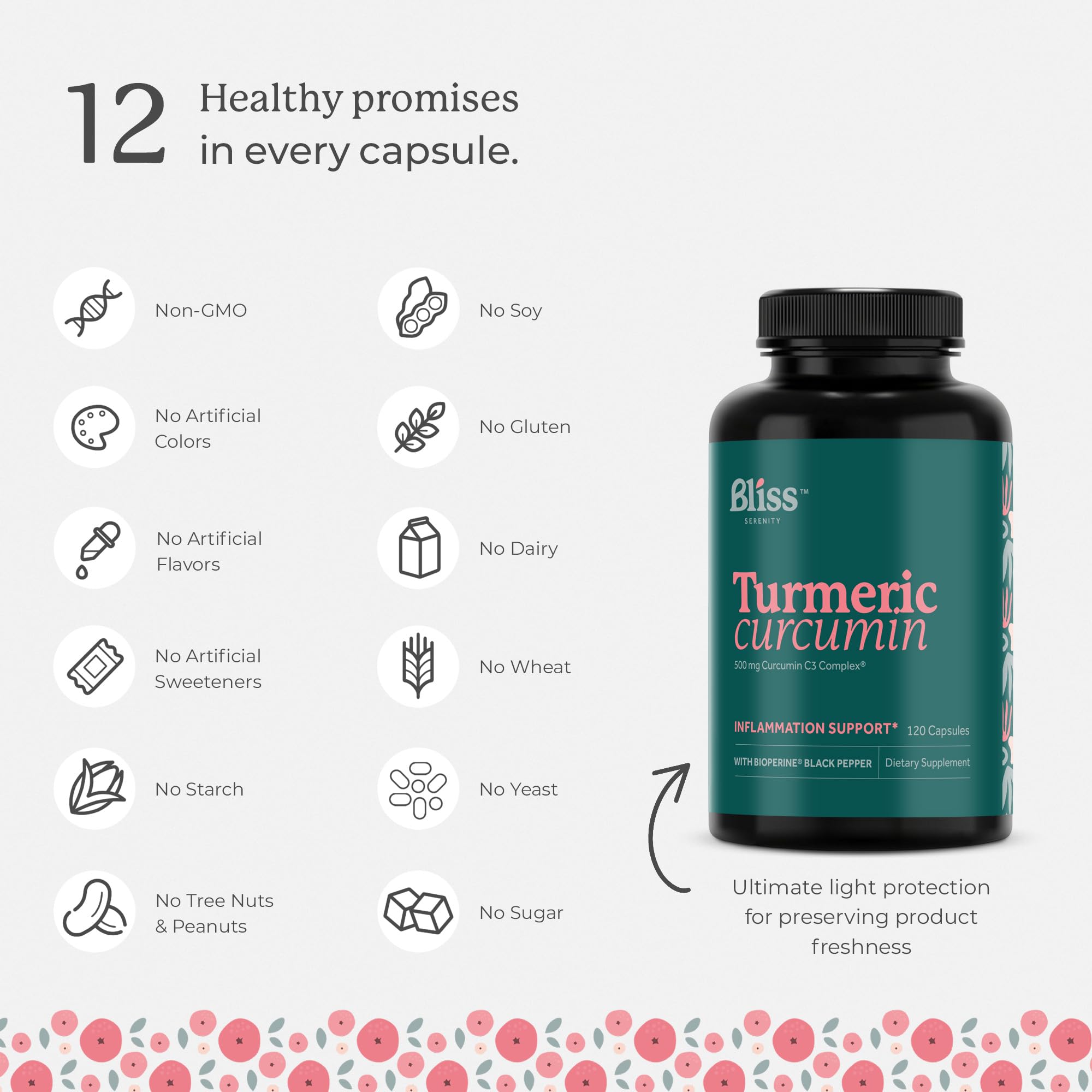 Bliss Serenity Turmeric Curcumin C3 Complex 500 mg, Enhanced with Black Pepper for Better Absorption; Kosher Certified, Non-GMO and Gluten Free - Standardized 95% Curcuminoids - 120 VegCaps