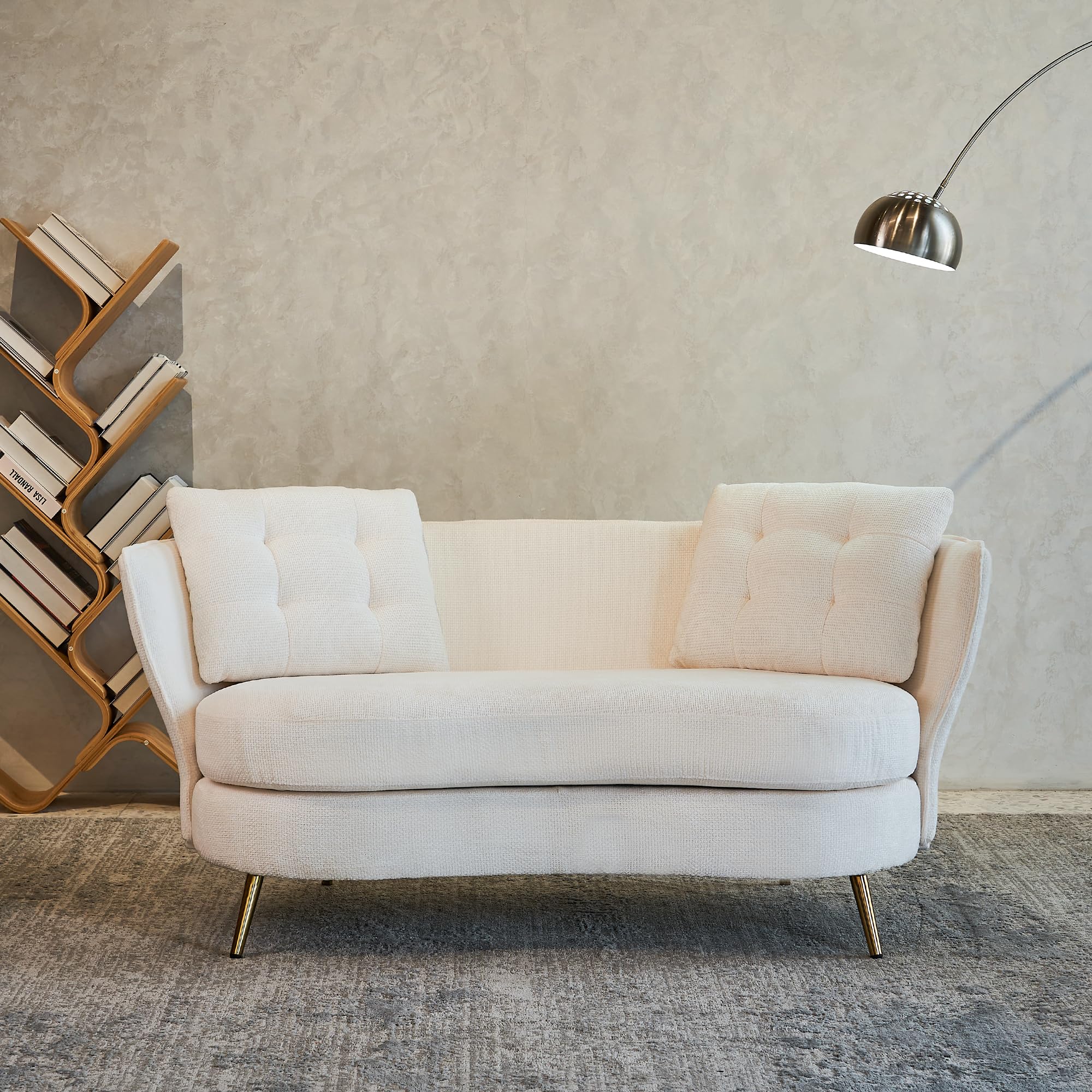 RENDGO Velvet Loveseat Sofa, 64.2'' Mid Modern Small Love Seats with 2 Pillows & Golden Legs Comfy Couch for Living Room, Upholstered 2 Seater Sofa for Small Apartment (White)