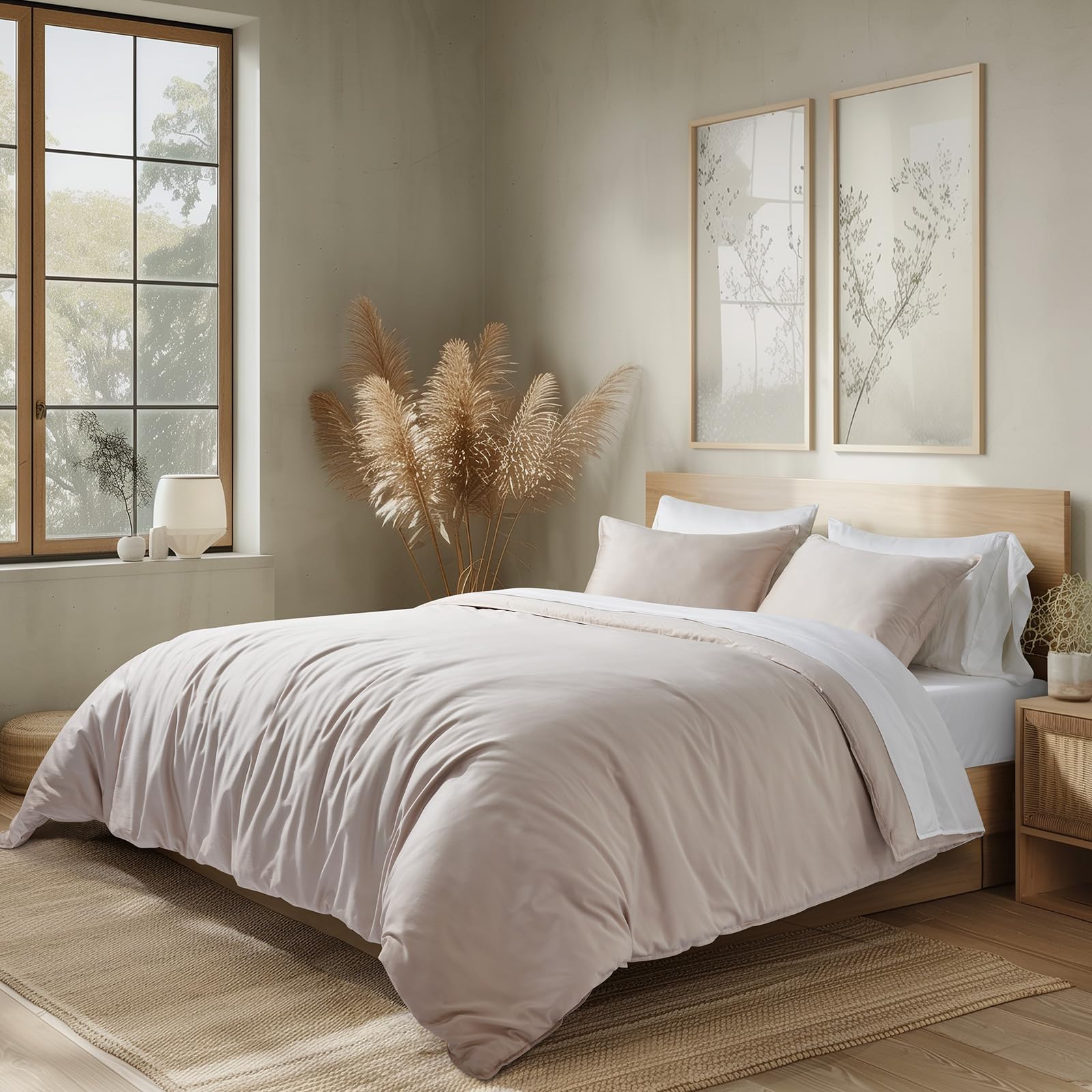 EVERGRACE Cotton Tencel Duvet Cover Set Queen Size, Silky Soft Cooling Duvet Cover for Hot Sleepers, Luxe Eucalyptus Lyocell Comforter Cover, Breathable Organic Bedding Set with 2 Shams, Beige Sand