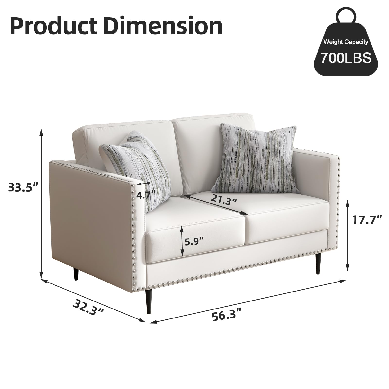 EBELLO Modern Loveseat Sofa Living Room, Upholstered 2-seat Leather Sofa Couch, Rivet Design, Wood Frame and Sturdy Legs Small Sofa for Small Space, Bedroom Office, White