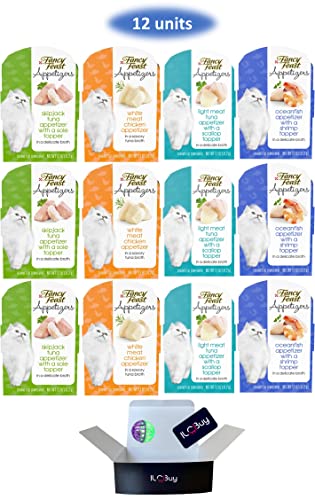 Purina Purely Fancy Feast Appetizers Cat Treats Flavor Variety Sampler Bundle of 12 Containers, (1.1 Ounces Each) with a Bundle a Plastic Noisy Cat Toy Ball and WMB's Sticker.