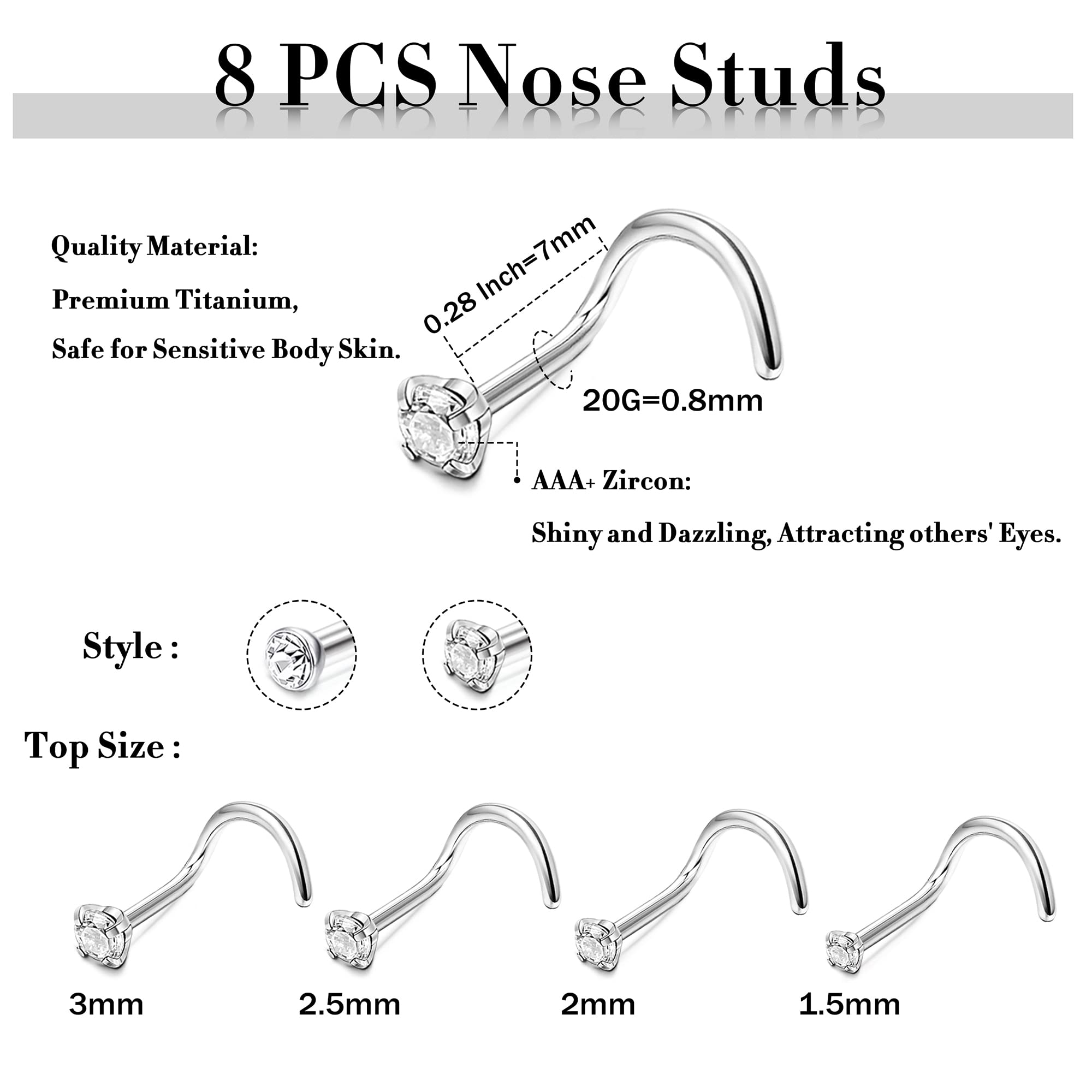Besteel G23 Titanium 20G Nose Rings Studs for Women Men Clear Diamond CZ Nostril Piercing Jewelry Straight/Screw/L Shaped Nose Studs Set 1.5mm 2mm 2.5mm 3mm 8PCS Screw Shaped