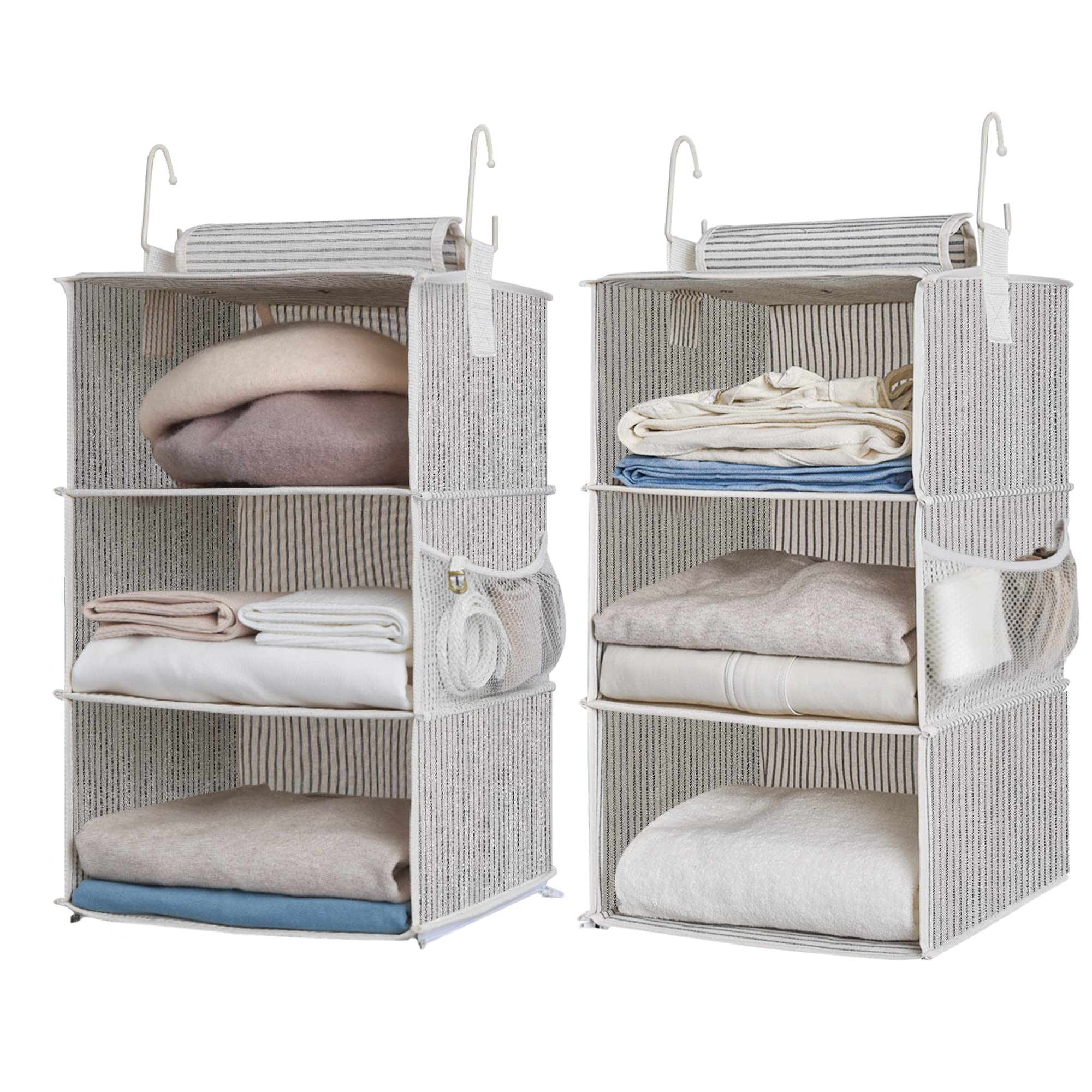 StorageWorks 6-Shelf Hanging Closet Organizers, Two 3-Shelf Separable Closet Hanging Shelves, 12" D x 12" W x 48 ¼"H, Gray and White Stripes