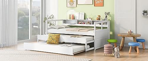 Epinki Twin XL Wood Daybed with 2 Trundles, 3 Storage Cubbies, 1 Light for Free and USB Charging Design, White, Kids Bed