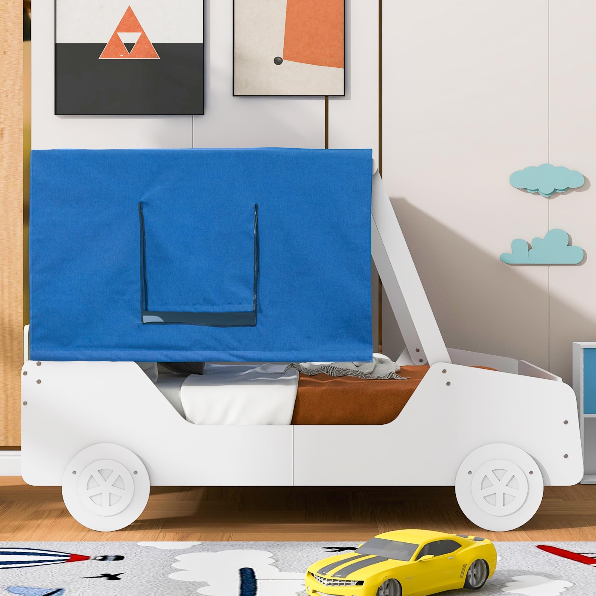 Merax Twin Size Car-Shaped Bed with Tents,Montessori Inspired Bedroom,Natural