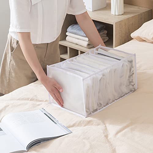 LELEBEAR Lakehemlock Wardrobe Clothes Organizer, 7 Grids Foldable Jeans Compartment Storage Box, Closet Organizers and Storage Baskets for Bedroom Dorm Room (2 Pcs White, M)