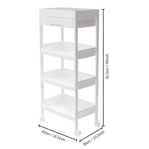 Fichiouy 4-Layer Floor Standing Shelf Units Rolling Utility Cart, Plastic Mobile Shelving Unit Storage Drawer Carts for Kitchen/Bathroom/Office White