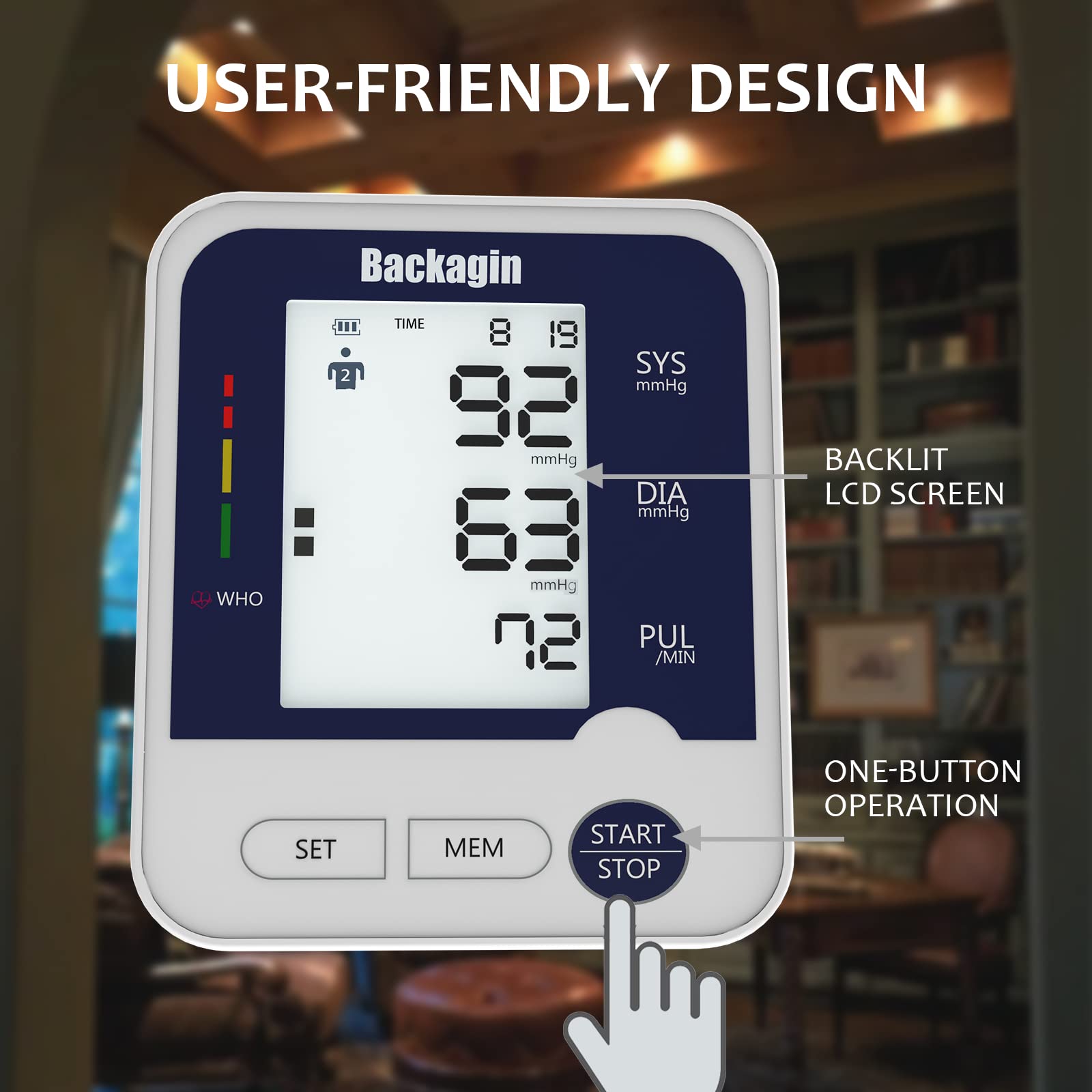 Backagin Home Blood Pressure Machine Upper Arm, Portable Digital High Blood Pressure Monitor with Large LED Screen Backlit Display, BP Cuff Automatic, with Extended Large Cuff Arm, 2x99 Memories