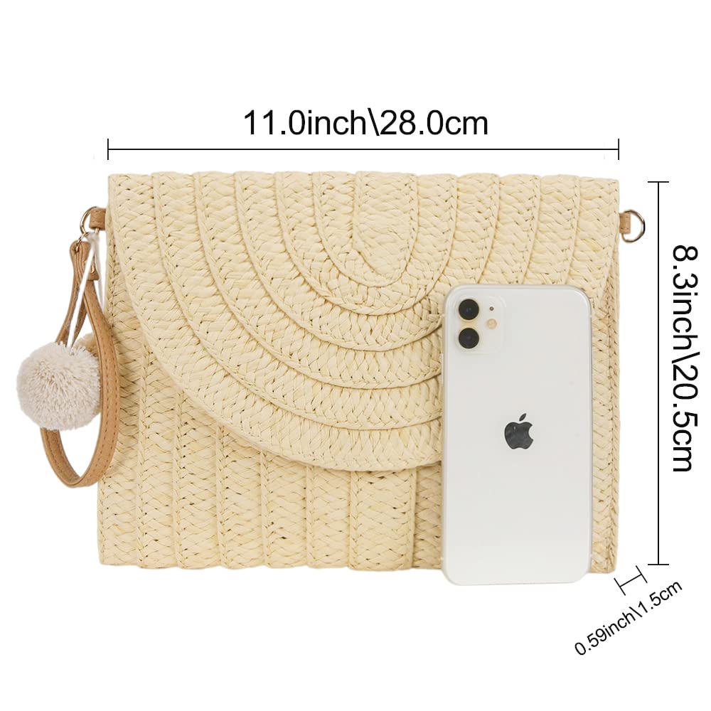 Straw Shoulder Bag Straw Clutch Straw Crossbody Bag Handmade Straw Beach Bag for Women Envelope Purse Wallet with Hand-woven Pompom (Creamy White)