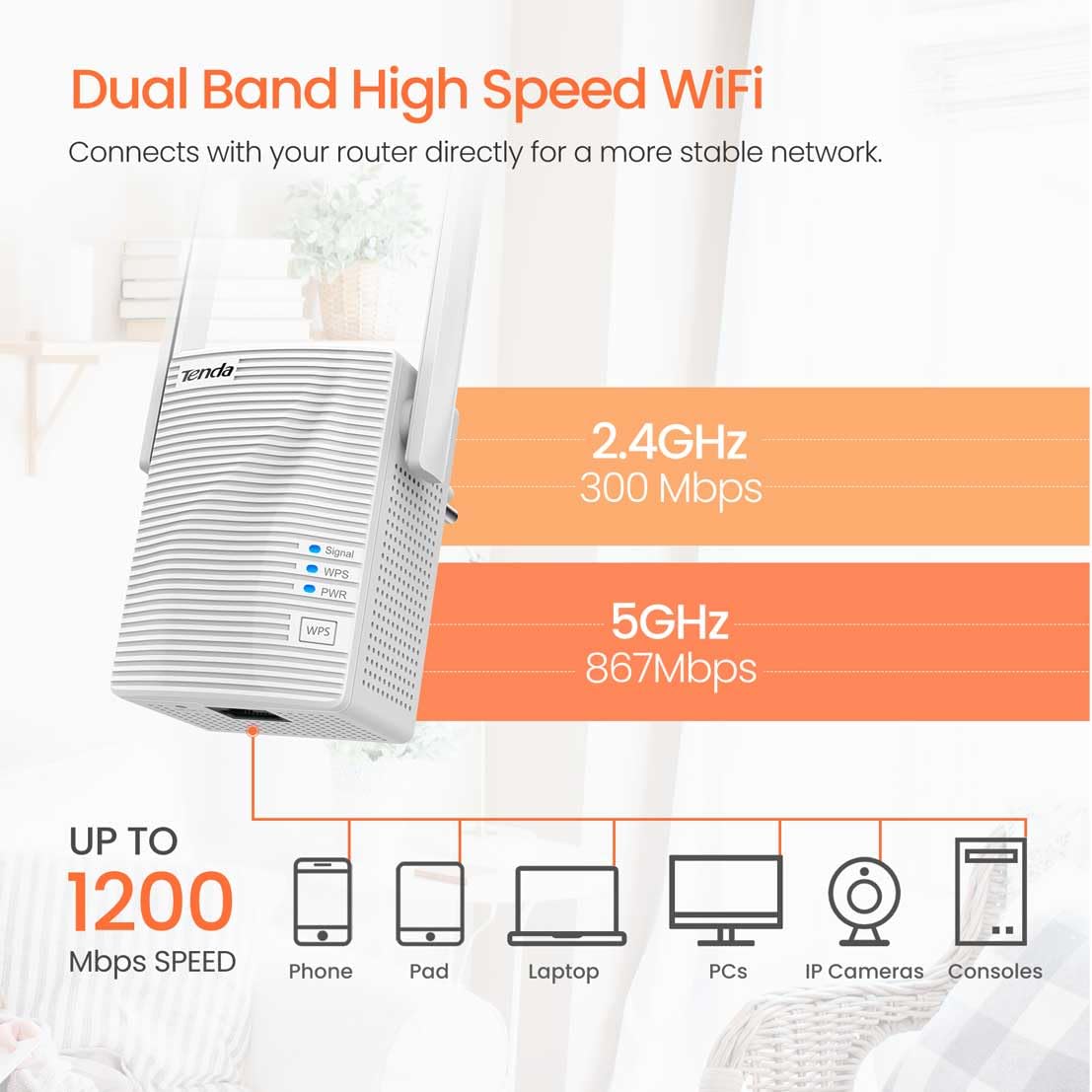 Tenda AC1200 WiFi Range Extender Gigabit WiFi Repeater with 100 Mbps LAN Port, Dual Banda 2.4GHz 300Mbps+5GHz 867Mbps, Hide SSID, WPS Function, Encryption Mode (A18)