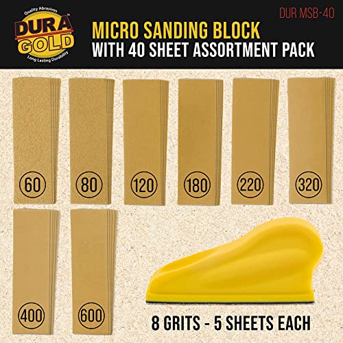 Dura-Gold Micro Hand Sanding Block Kit, 3.5β x 1β Pad, Hook & Loop Backing, 40 Sandpaper Sheets, 5 Each 60, 80, 120, 180, 220, 320, 400, 600 Grit - Wood Woodworking, Small Detail Finishing Sander