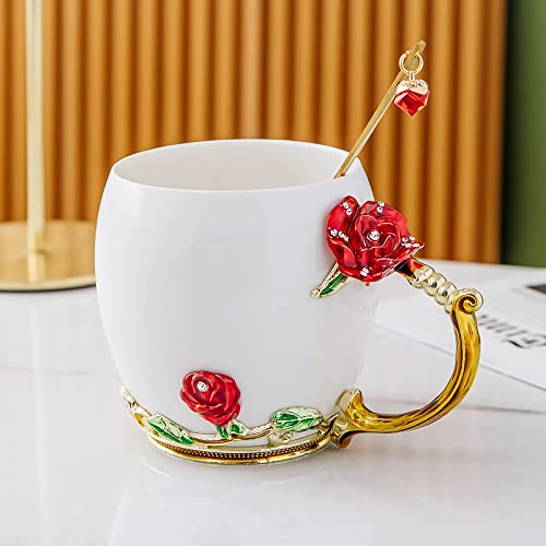 Ceramic Coffee Cup, 3D Flower Cup Tea Mug with Spoon,Enamel Rose Flower Mugs for Women ,Birthday Christmas Gifts