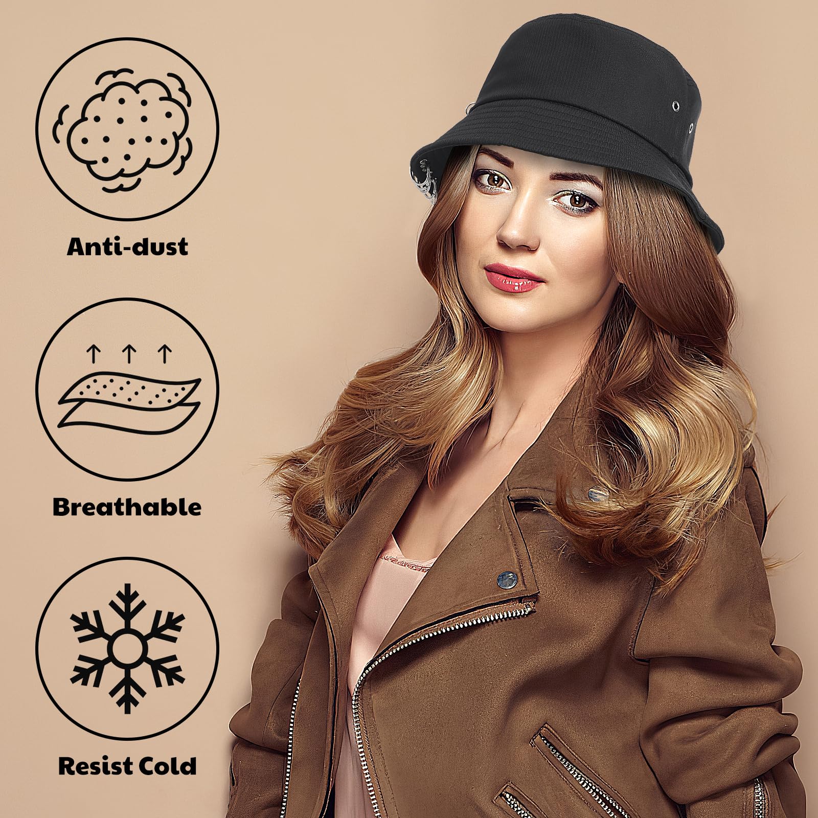 BESTOYARD Chic Unisex Bucket Hat Sunhat Bonnie Caps Summer Packable with Pin Piercing Decorations (Black), 30 x30 x 10 cm