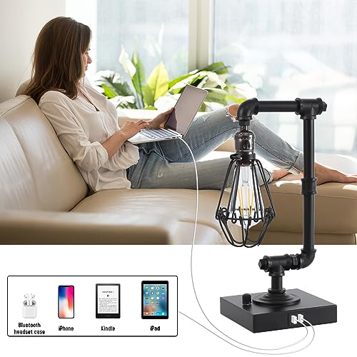 Lodstob Steampunk Lamp, Fully Stepless Dimmable Industrial Table Lamp with Dual USB Ports, Vintage Rustic Desk Lamp for Bedroom, Office, Living Room (Bulb Included)