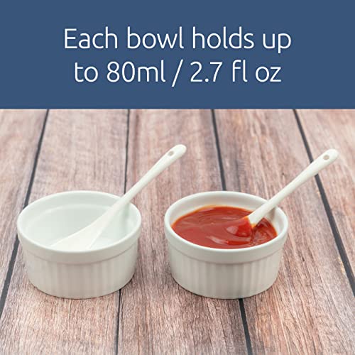 Ceramic Dipping Bowls Set of 4 with Tray and Spoons, Dip Bowls for Side Dishes, Chip and Dip Serving Set for Sauce, Condiment, Dessert, Salsa, Snacks, Acacia Wooden Board With Cocktail Stick Holder