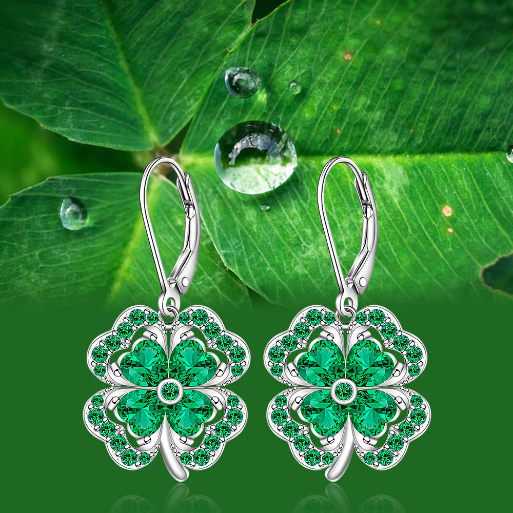 Shamrock Earrings St Patrick’s Day Earrings Four Leaf Clover Earrings for Women Sterling Silver Lucky Dangle Drop Green Clover Irish Celtic Gifts