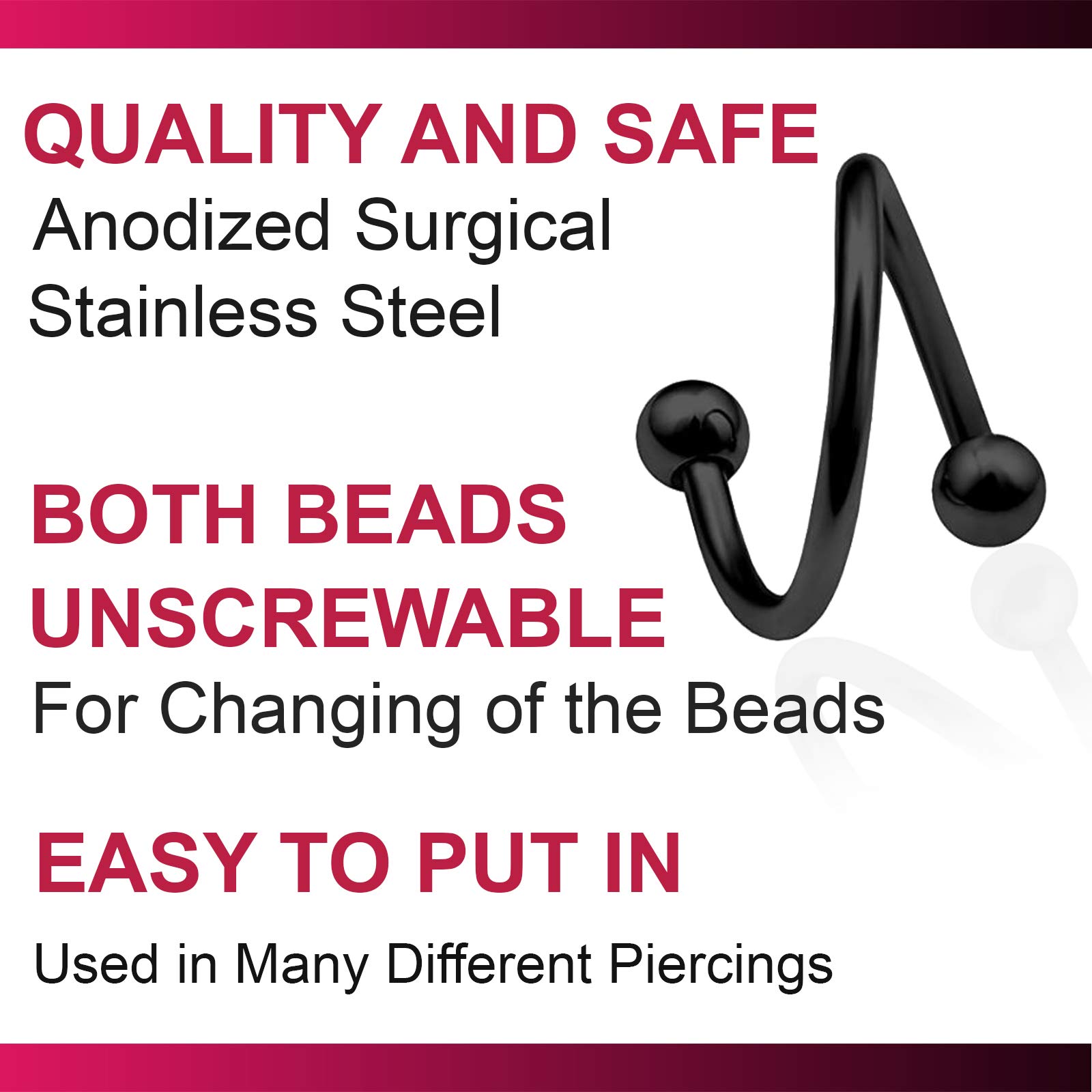 bodyjewellery 2pcs 18g Spiral Barbell Cartilage Earring Lip Tragus Eyebrow Hoop Helix Twisted Bar Black Anodized Studs 3mm balls 8mm