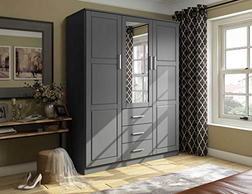 Palace Imports Cosmo Solid Wood 3-Door Wardrobe/Armoire/Closet with Mirror and 3 Drawers, Gray. Additional Shelves Sold Separately.