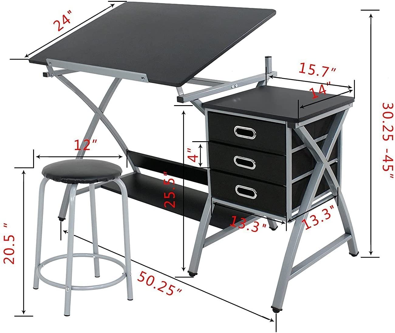 JupiterForce Drafting Table with Tiltable Tabletop and Stool, 3 Storage Drawers, Art Desks for Adults, Painters, Work Station, Home Office, Black