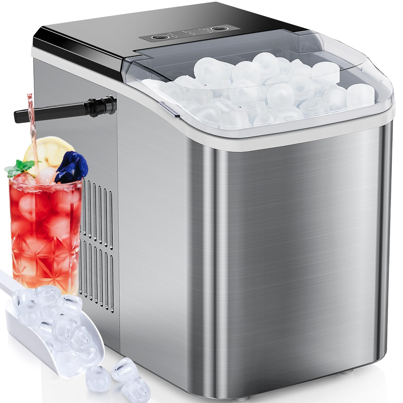 DUMOS Stainless Steel Countertop Ice Maker, Portable Self-Cleaning Ice Machine with Handle, Ice Scoop and Basket, 6 Mins/9 Pcs, 26.5lbs/24Hrs, 2 Sizes of Bullet Ice for Kitchen Party, Silver