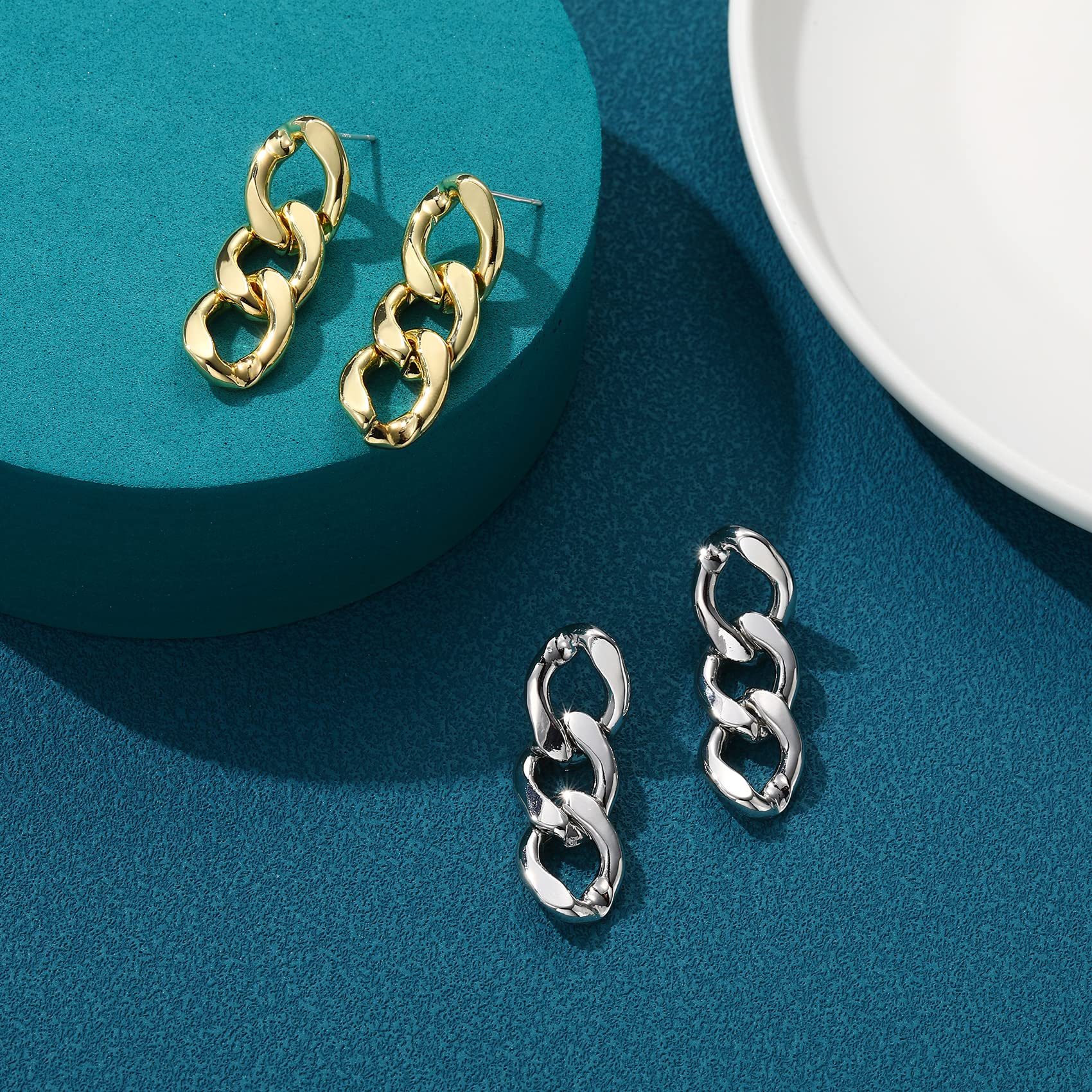 BUREI Gold Chain Link Earrings Symmetrical Drop Earrings Cuban Chain Link Dangling Earrings for Women