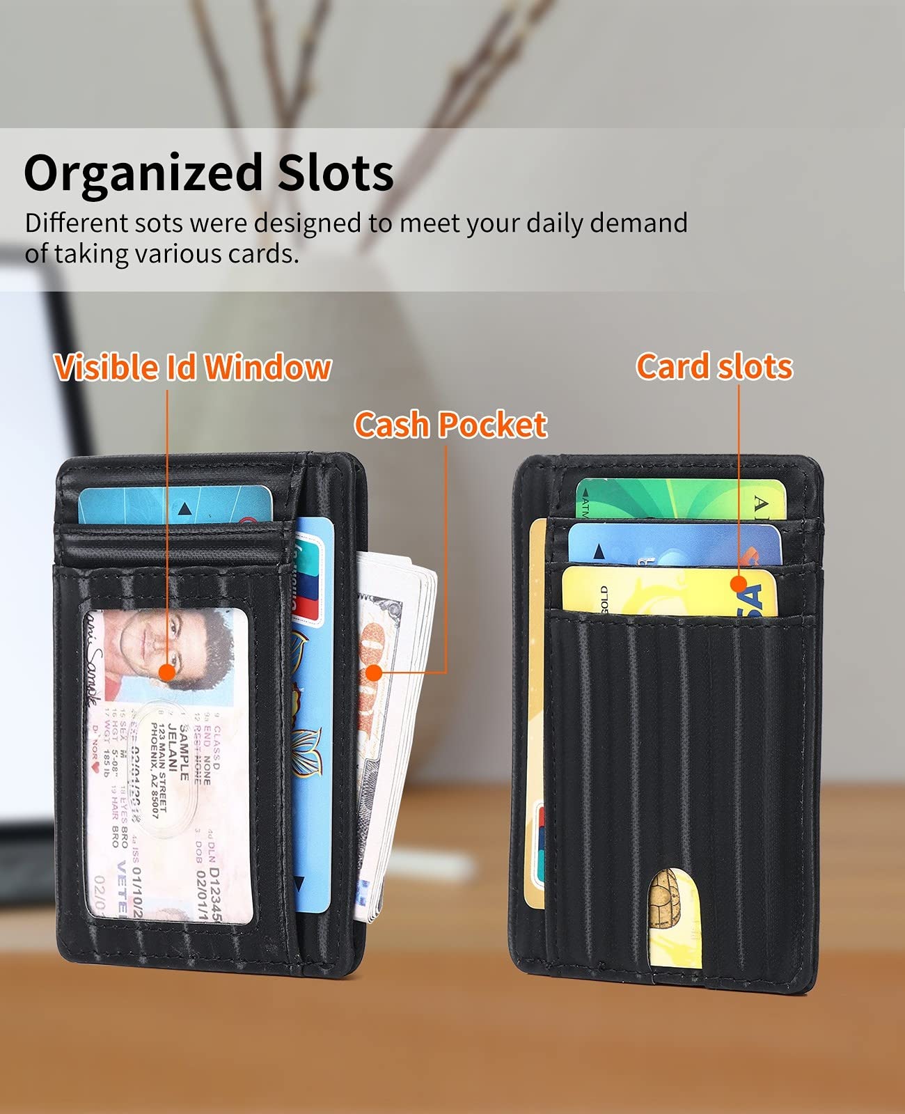 CarrKen Slim Minimalist Wallet for Men, Front Pocket Wallets, RFID Blocking Leather Wallet for Men & Women (Black-Flash)