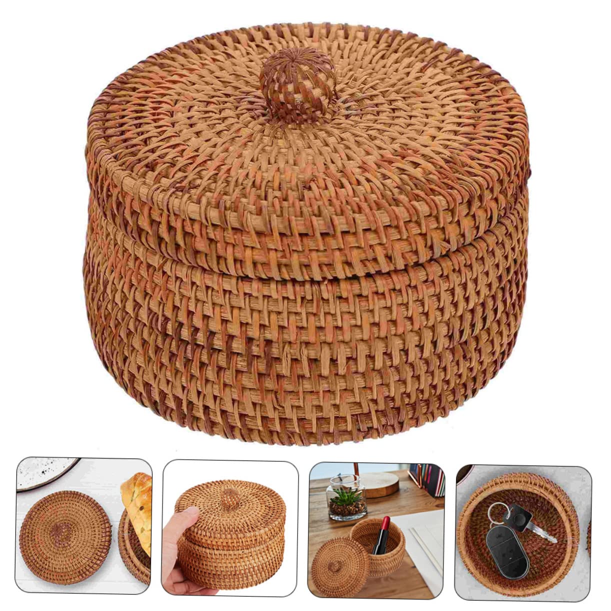 CAXUSD Box Rattan Storage Box Storage Box with Lid Makeup Organizer Case Round Storage Basket Lidded Basket for Storage Woven Storage Bowls Onion Basket Woven Storage Case Rattan Box Tray