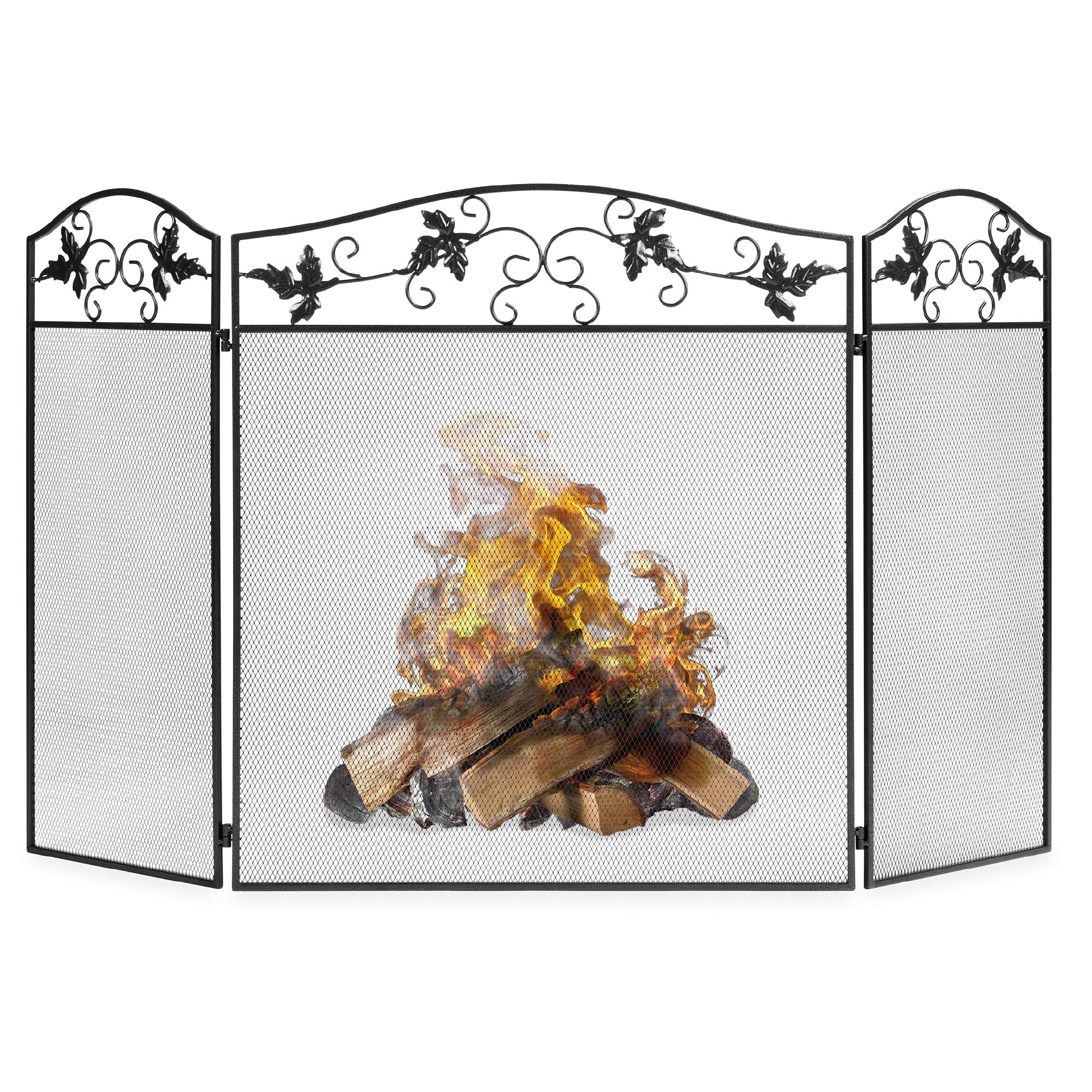 Best Choice Products 50x29in 3-Panel Handcrafted Wrought Iron Mesh Fireplace Screen, Fire Spark Guard w/Folding Panels, Decorative Leaf Scroll Design