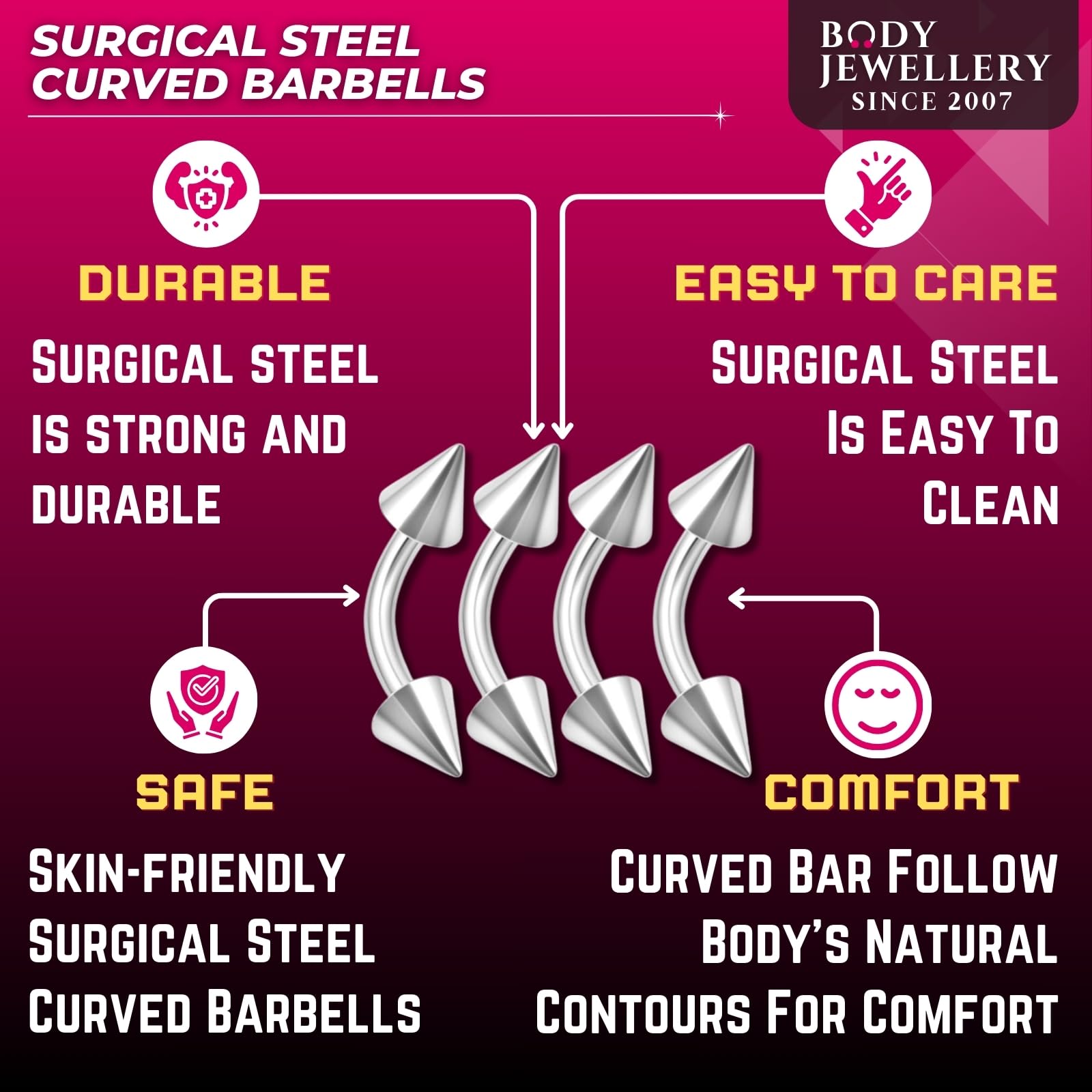 bodyjewellery 4pcs 14g Curved Barbell Septum Cartilage Earring Eyebrow Nose Lip Tragus Rook Daith Conch Stud Steel 4mm Spike - 8mm