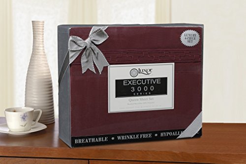 SUPERIOR Regal Greek Key Embroidered Sheets, Luxurious Silky Soft, Light Weight, Wrinkle Free Brushed Microfiber, Twin XL Size 3 Piece Sheet Set, Burgundy