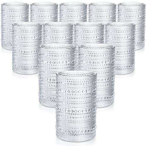 Hobnail Drinking Glasses 13 oz Cocktail Glasses Vintage Glassware Old Fashioned Drinking Glasses Embossed Glassware Cups for Beverage, Water, Wine, Beer, Juice, Mixed Drinkware (Clear, 12 Set)