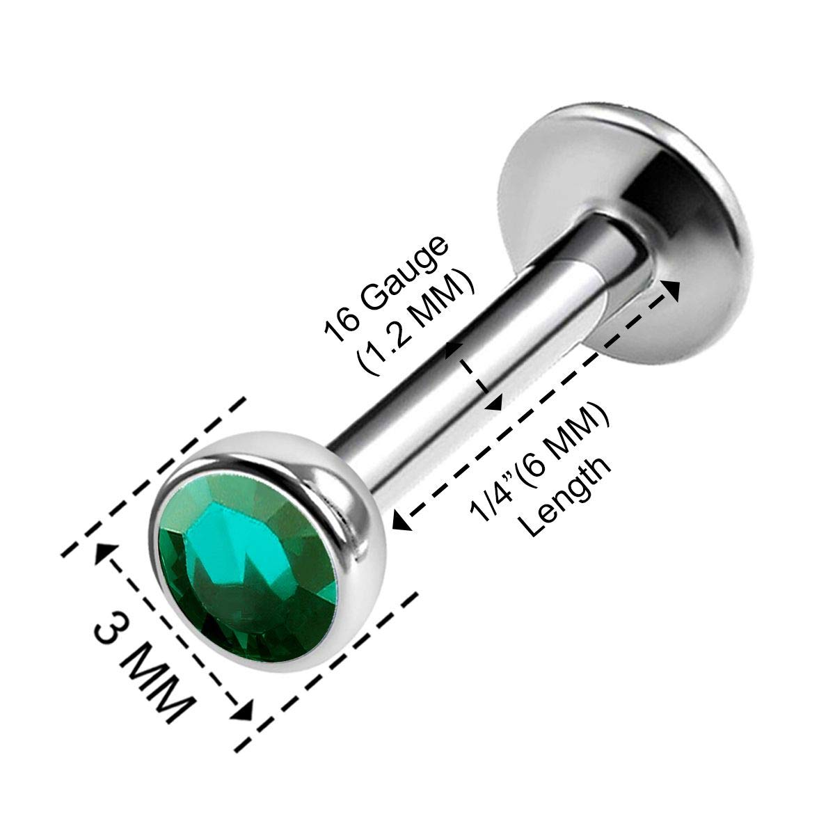 BanaVega 3PCS Steel Internally Threaded Labret Rings 16g 1/4 6mm 3mm Emerald Crystal Lobe Earrings Snake Bite Piercing Jewelry 0466