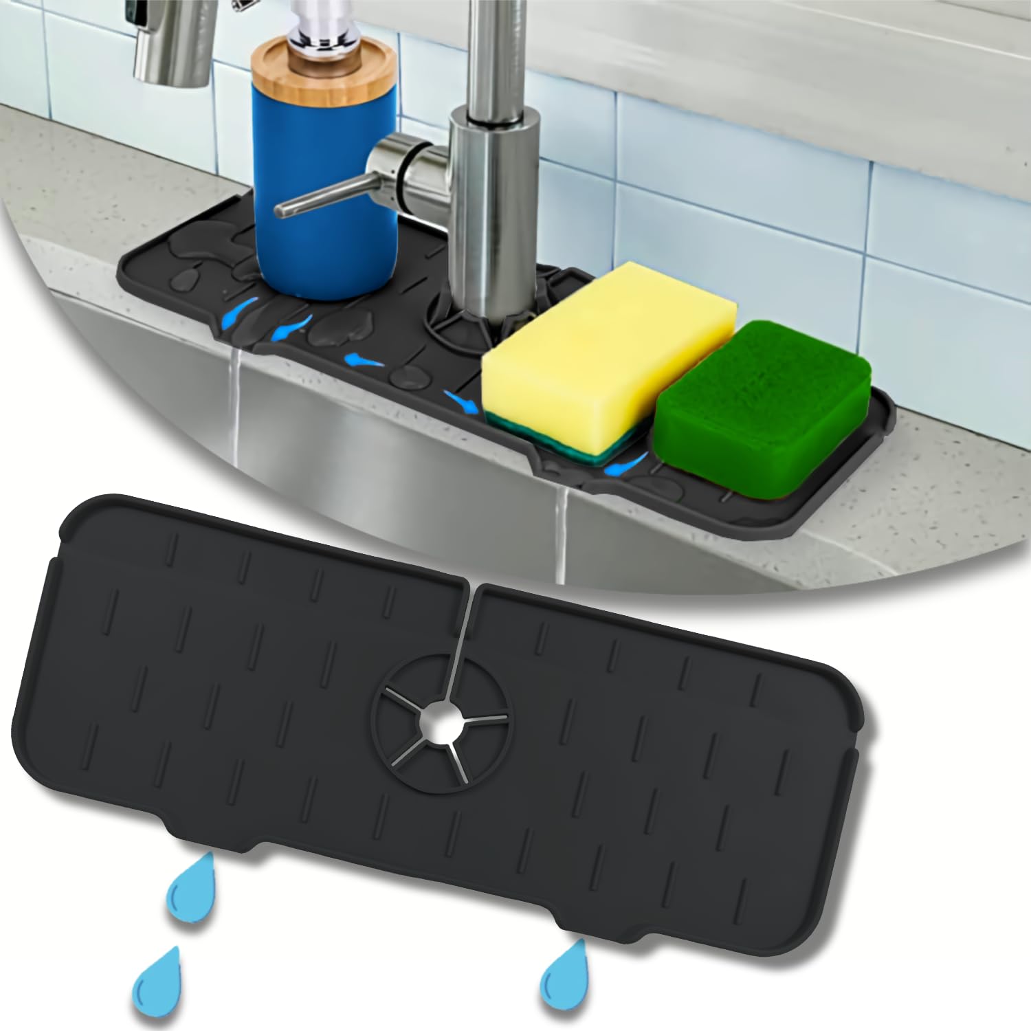 Crystonic Faucet Sink Splash Guard Drain Mat, Dish Soap Sponge Dispenser Brush Holder, Kitchen Bathroom Gadgets & Accessories, Soft & Non-Slip Premium Silicone-Black (14.33" x 5.51")