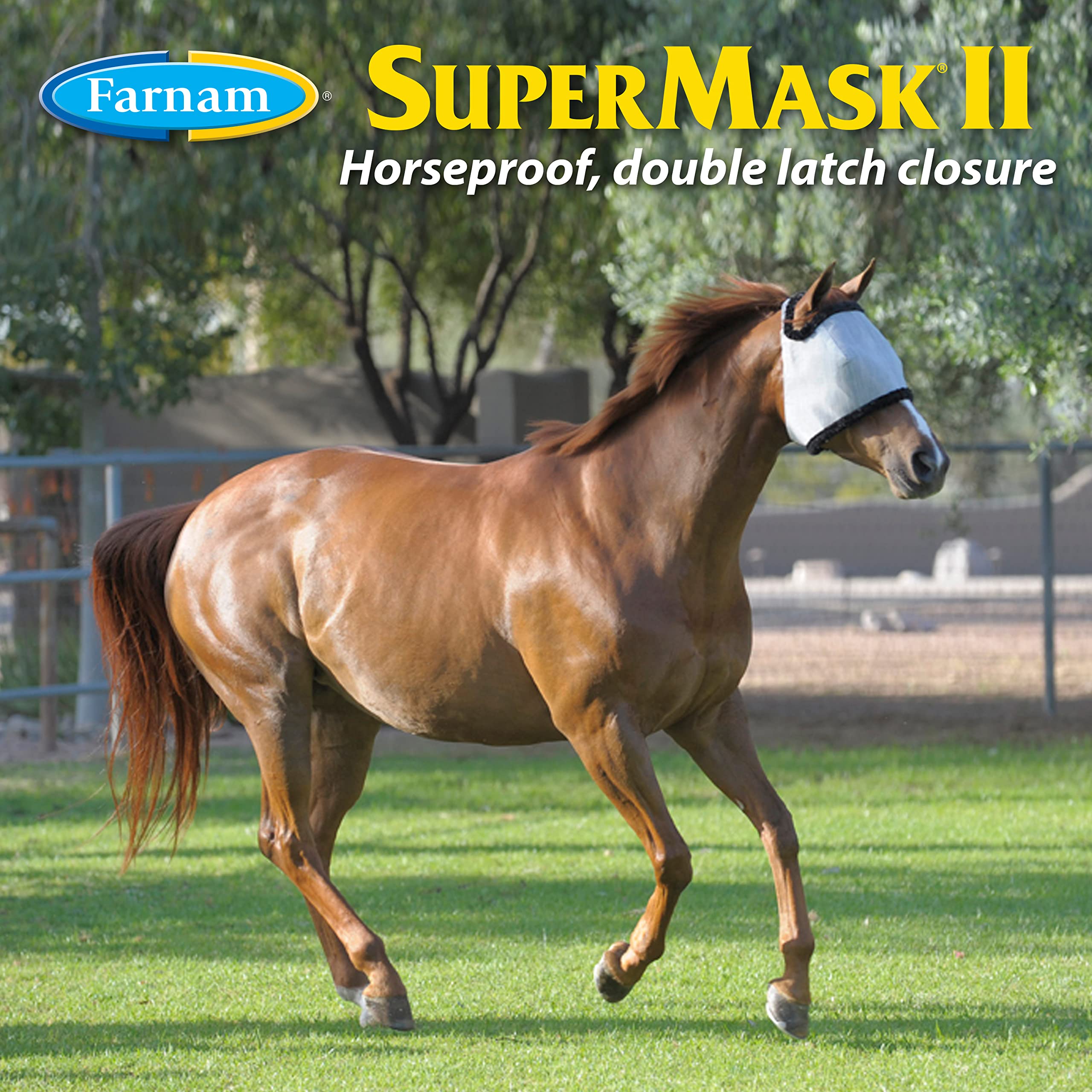 SuperMask II Shimmer Weave Mesh Horse Fly Mask Without Ears, Eye Protection from Insect Pests, Soft Silver Mesh with Black Plush Trim, Horse Size