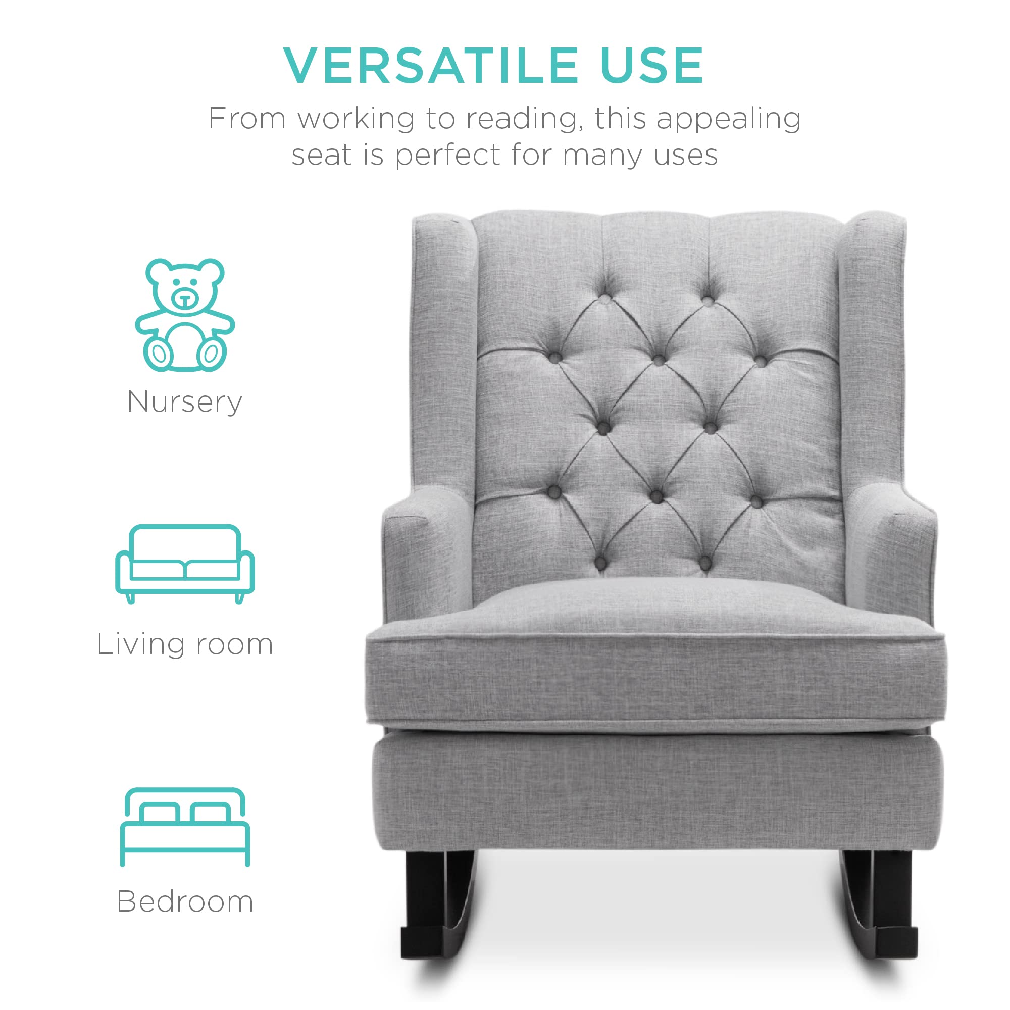 Best Choice Products Rocking Accent Chair, Tufted Upholstered Linen Wingback for Nursery, Living Room, Bedroom w/Wood Frame - Beige