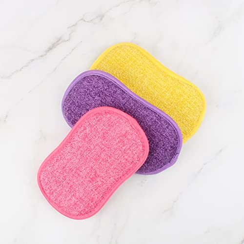 DEFUTAY 3 PCS Kitchen Scrub Sponge, Heavy Duty Scouring Pads, Washing Up Cleaner,Household Cleaning Wash Cloth with Adhesive Hooks(Color Random)